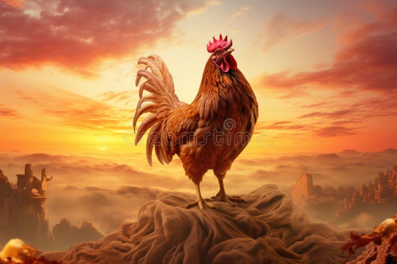 Rooster on Top of the Mountain at Sunset. 3D Rendering, Chicken Sunset ...