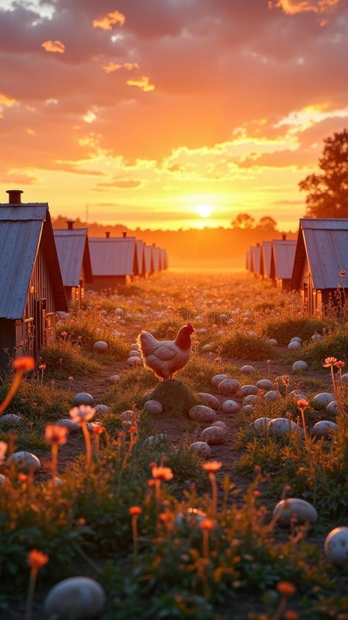 Rooster Walking in Vibrant Sunrise at Rural Farm with Chicken Coops ...