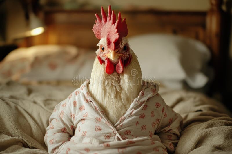 Rooster Wearing Bathrobe is Sitting in Bed after Waking Up in Bedroom ...