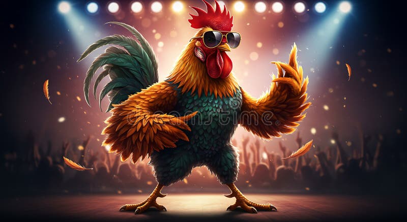 Rooster Wearing Sunglasses Performing on Stage with a Cheering Crowd ...