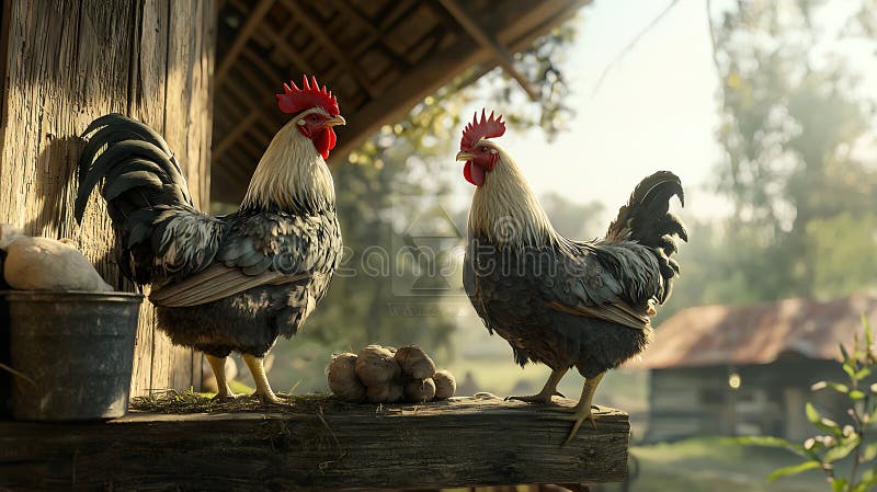 Roosters Perched on Wooden Beams in Sunlit, Airy Farm Setting Stock ...