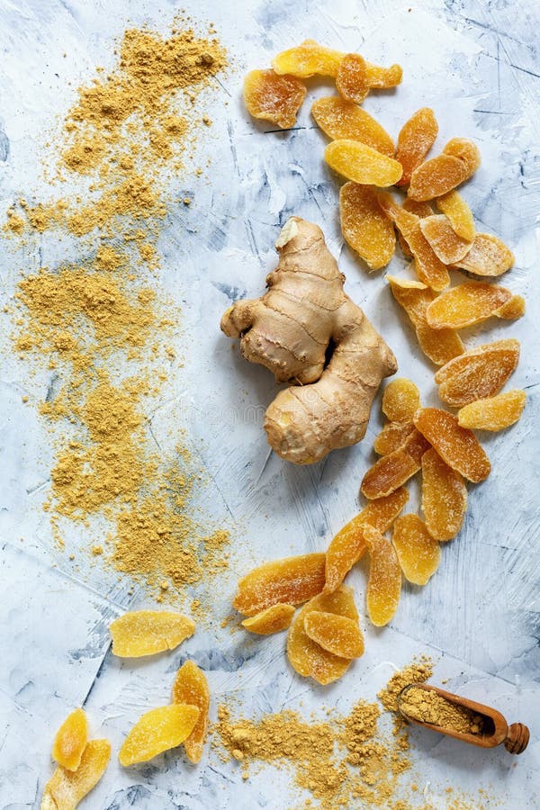 Root and Ground Ginger, Spicy Ginger Candied Fruit. Stock Photo - Image ...