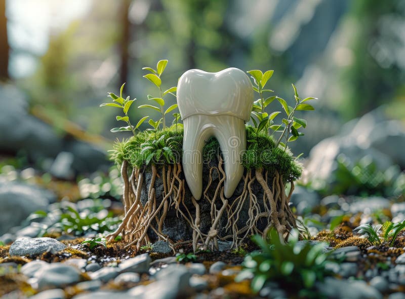 Root System is Growing from Tree Stump. a White Tooth Symbol is Growing ...