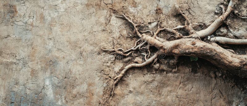 Root System Intertwining with Textured Clay Wall in a Natural Setting ...