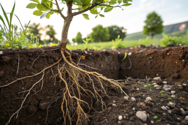 Root System of a Young Tree Emerging from Rich Soil Beneath Green ...