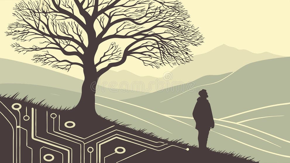 Rooted Tech Person by Tree with Circuit Board Roots, Vector Design ...