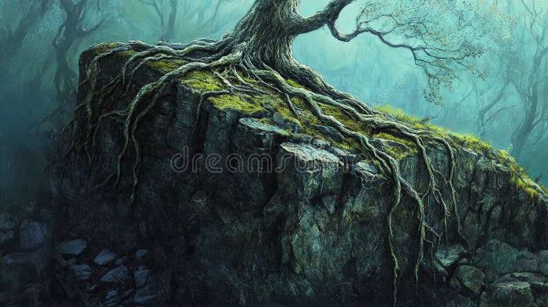 Roots of Ancient Tree Gripping Mossy Rock Ledge. Stock Photo - Image of ...