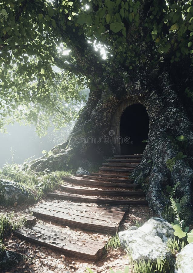 Roots and Foliage Frame the Rustic Entrance of a Magical Tree, Creating ...