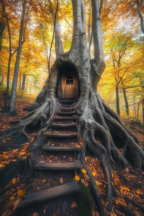 Roots and Foliage Frame the Rustic Entrance of a Magical Tree, Creating ...