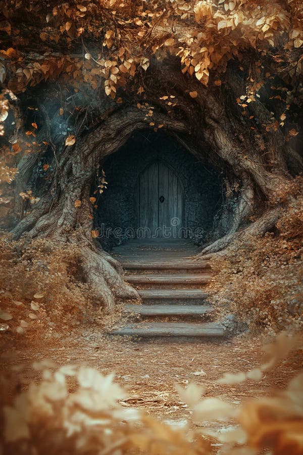 Roots and Foliage Frame the Rustic Entrance of a Magical Tree, Creating ...