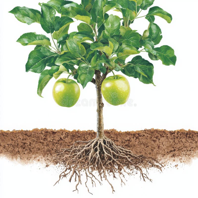 Roots and Fruits of a Green Spring Tree. Illustration in a Modern Style ...