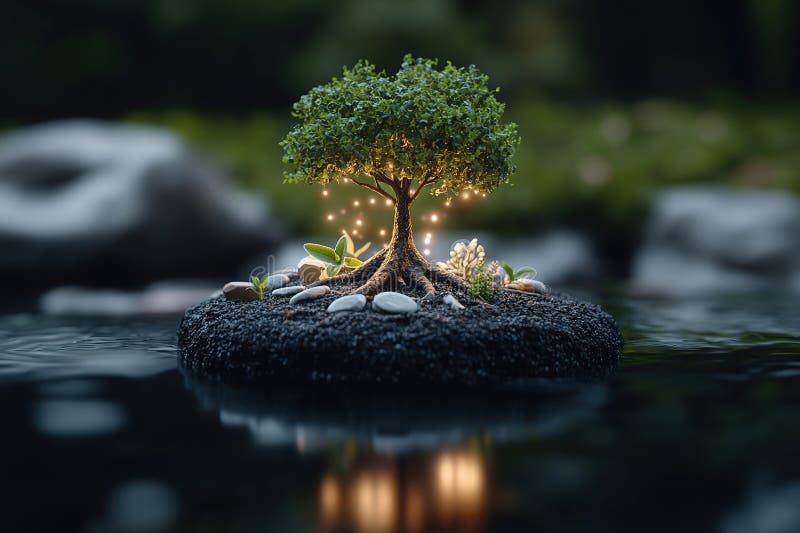 Roots of a Magical Tree Float Above a Shimmering Water Surface ...