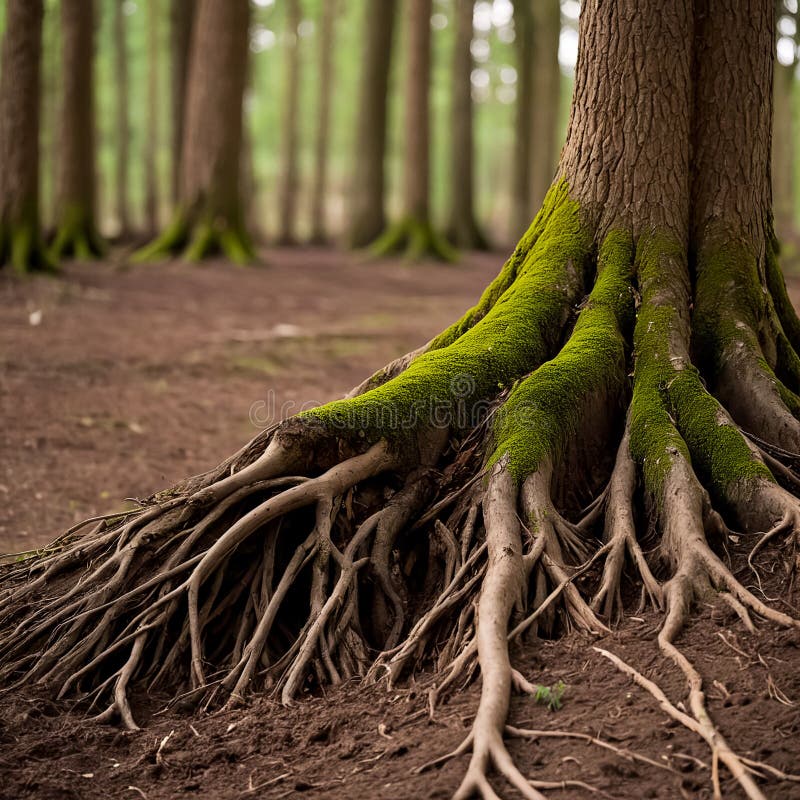 Roots of an Old Tree Covered with Moss. Root System Stock Illustration ...