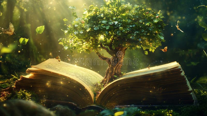 The Roots of a Small Tree Grow from an Open Book on Rocky Terrain Stock ...