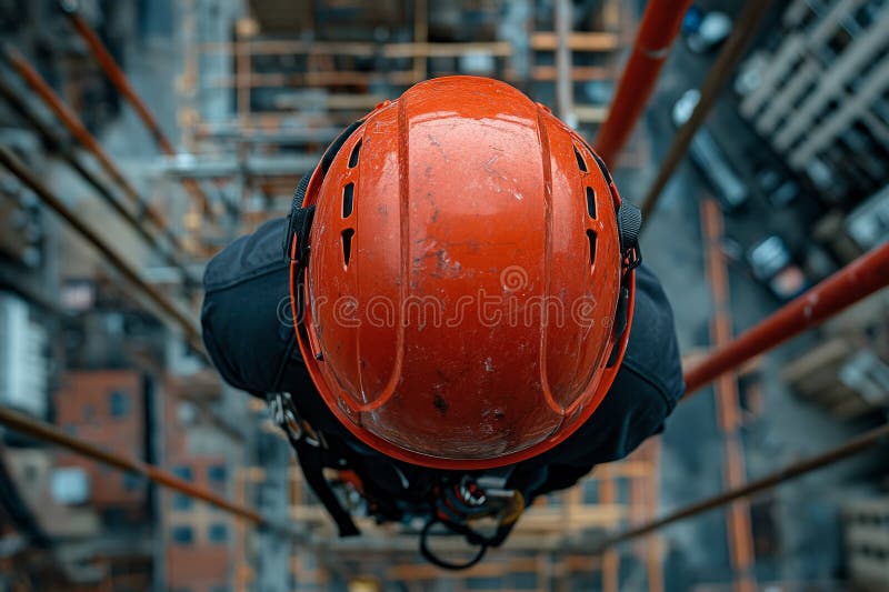 Rope Access Technician Wearing Orange Helmet Working at Height Stock ...