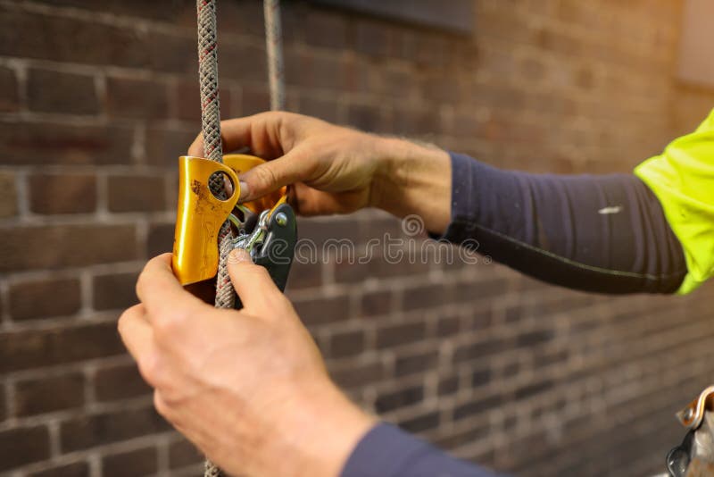 Rope Access Worker Inserting Self Controller Stopper a Fall Arrester ...