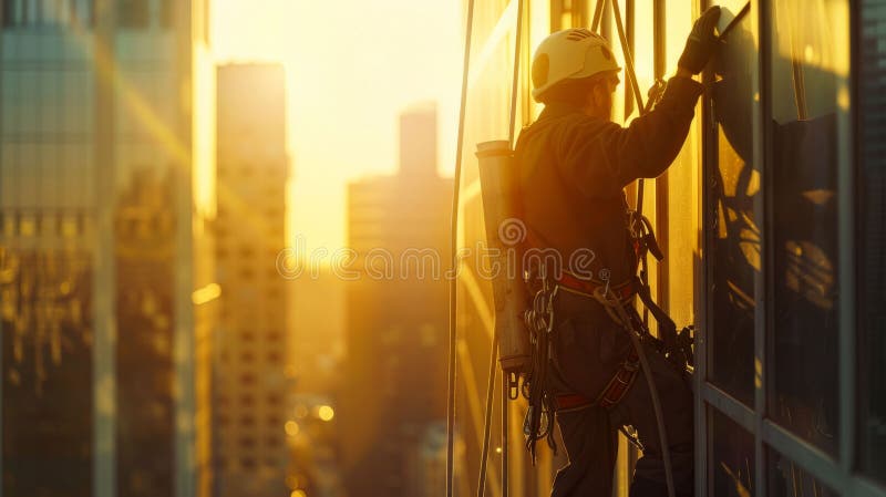 Rope Access Worker Performing High-Rise Window Cleaning at Dawn ...
