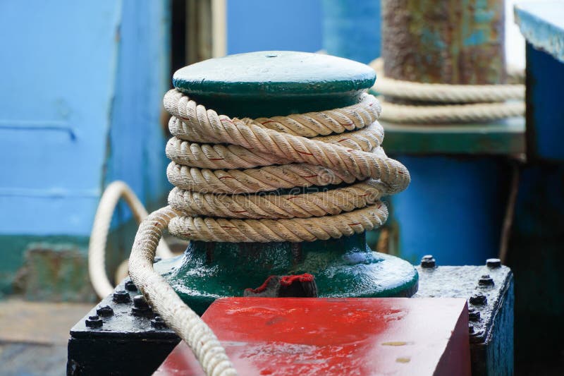 Rope Anchored the Boat into the Harbor.Mooring Rope and Bollard Stock ...