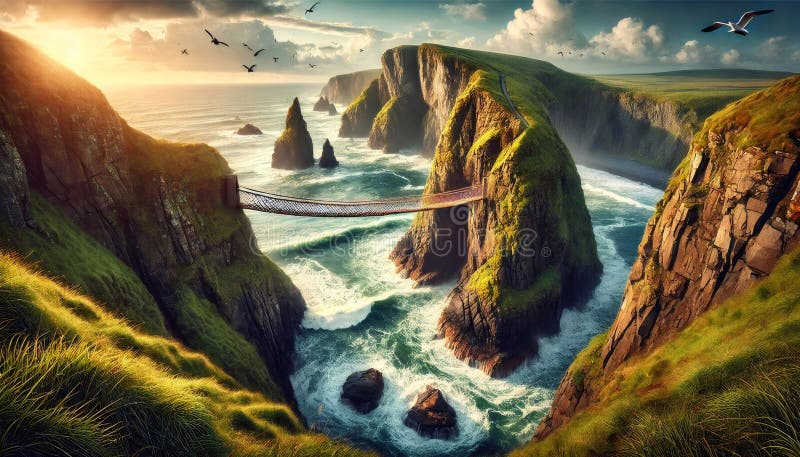 Rope Bridge Connecting Majestic Cliffs at Sunset with Flying Birds ...