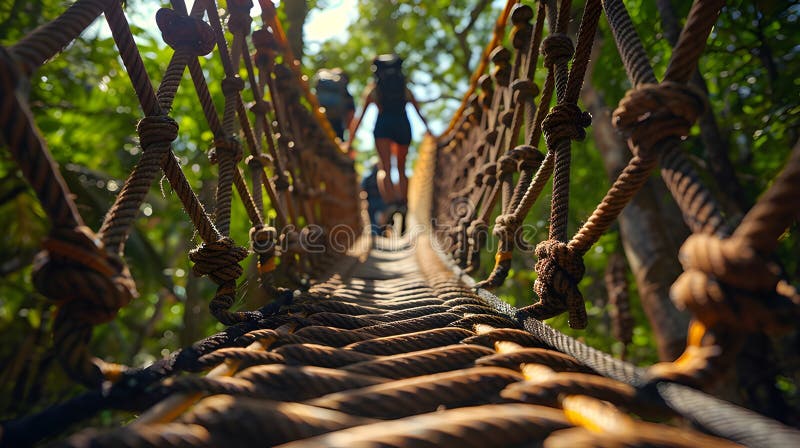 Rope Bridge in a Forest, Viewed from a Low Angle that Captures the ...