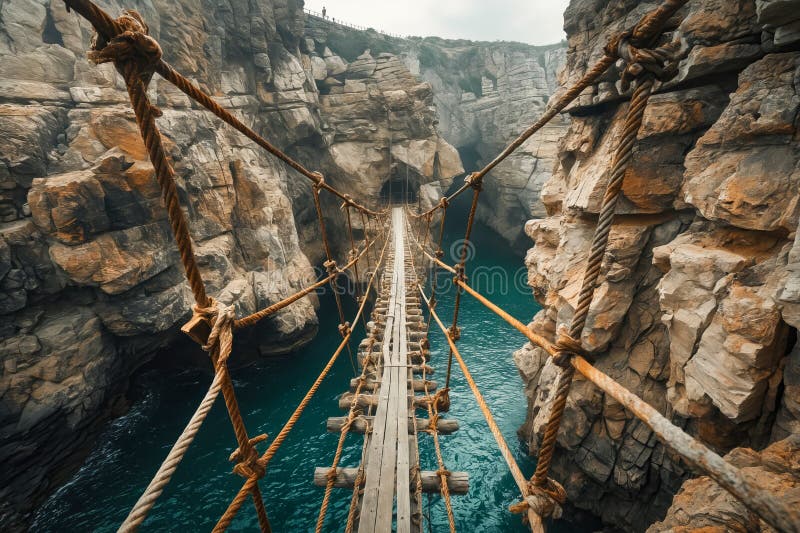 Rope Bridge Over Gorge. Generative AI Stock Photo - Image of planks ...