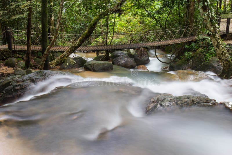 Rope bridge and waterfall stock photo. Image of rocks - 34097900