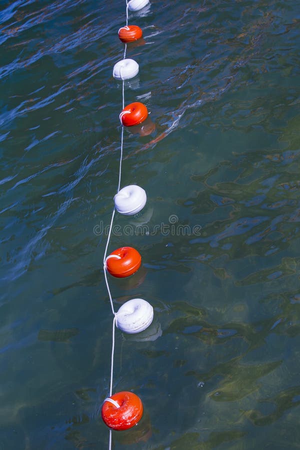 Rope with Buoys Above the Surface of the Blue Water. Bounding Buoys at ...