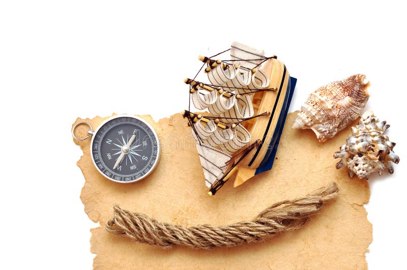 Rope, Compass and Model Classic Boat on Old Paper Stock Photo - Image ...