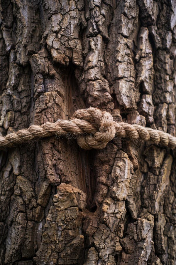 A Rope or Cord is Tied into a Knot on the Surface of a Tree Trunk Stock ...