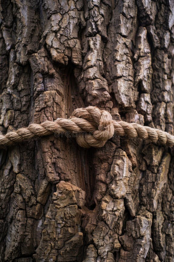A Rope or Cord is Tied into a Knot on the Surface of a Tree Trunk Stock ...