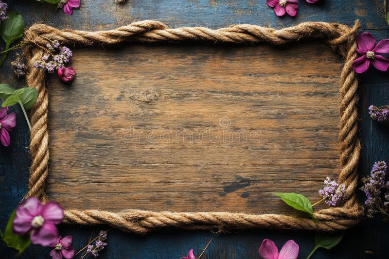 Rope Creating a Border Around Wooden Plank with Flowers on Rustic ...