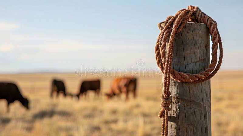Rope on Fence Post with Grazing Cows in a Serene Pasture Landscape ...