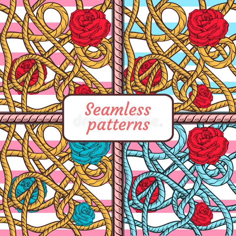 Rope and Flowers. Four Patterns Stock Vector - Illustration of brown ...
