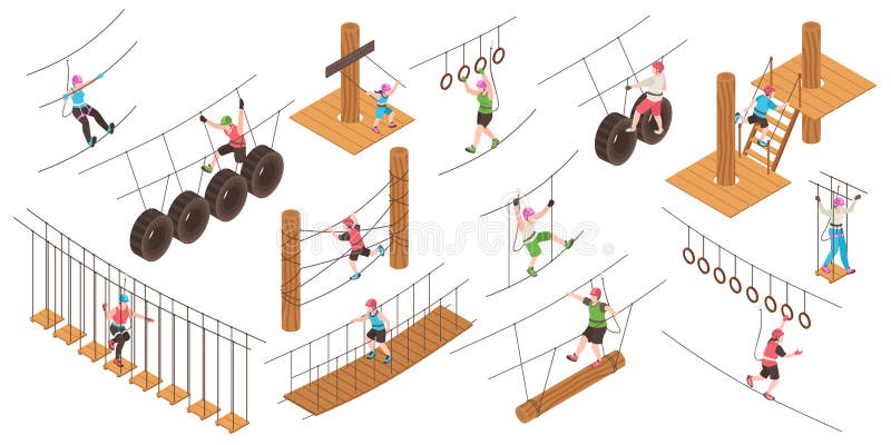 Rope Park Set with Equipment and Characters, Flat Vector Illustration ...