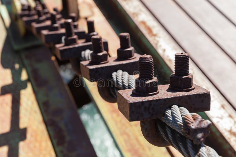 Rope with Rusty Bolt Clamps, Cable-stayed Bridge Details Stock Photo ...