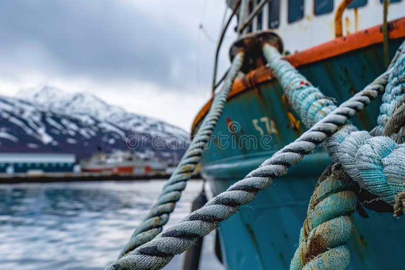Rope Securing a Large Fishing Boat in the Harbor. Generative Ai Stock ...