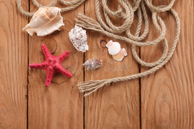 Rope Shells Starfish on Wooden Boards Stock Photo - Image of pattern ...