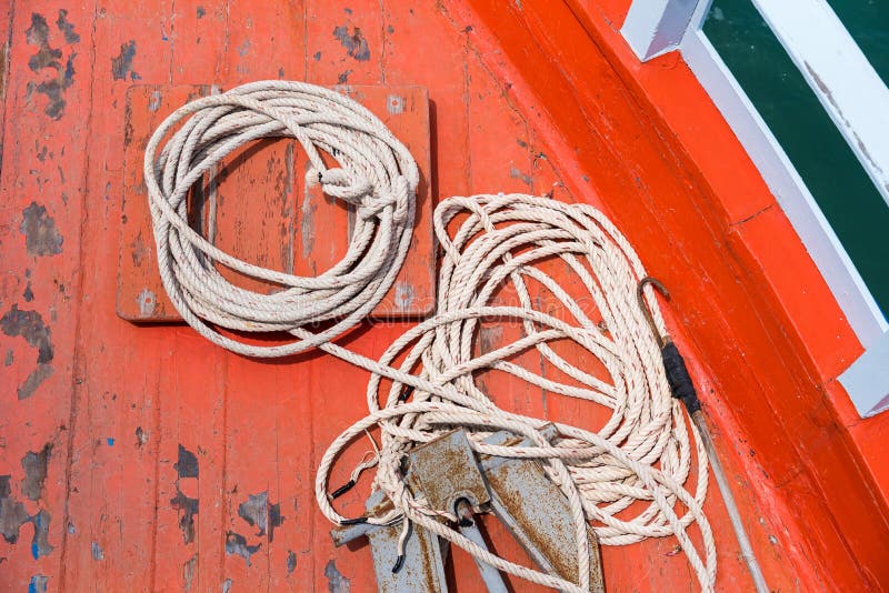 Rope and Small Anchor on Board Ship Deck. Stock Image - Image of blank ...