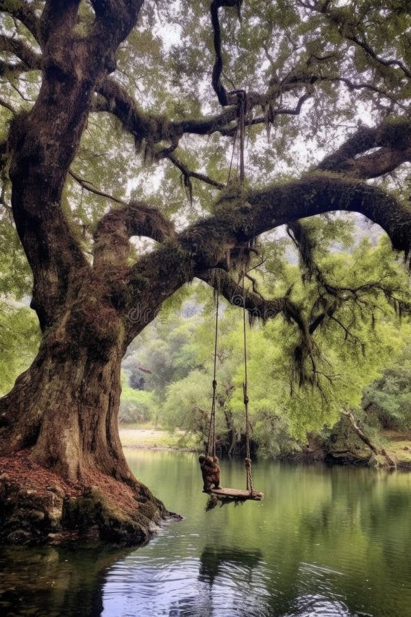 Rope Swing Hanging from an Ancient Oak Tree Stock Illustration ...
