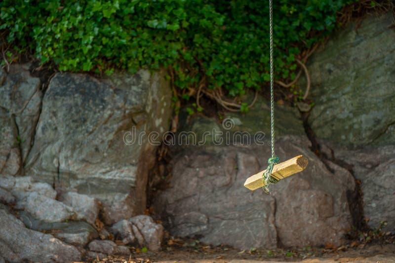 Rope Swing Hanging Near Rock Wall in Forest Area.. Stock Photo - Image ...