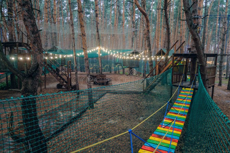 Rope Town in a Pine Forest on a Rainy Evening Stock Image - Image of wooden, suspended: 302913151
