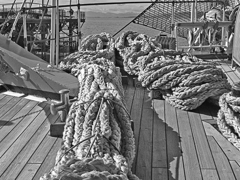 Ropes on an old sailboat stock photo. Image of ocean - 37082090