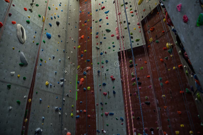 Ropes Hanging by Climbing Wall in Gym Stock Photo - Image of strength ...