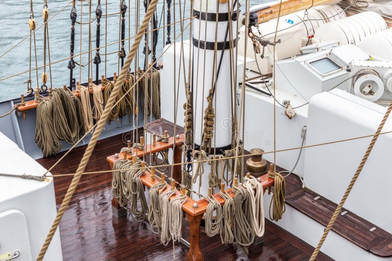 Wooden Mast, Rigging And Ropes Of Historic Sailing Boat Stock Photo ...