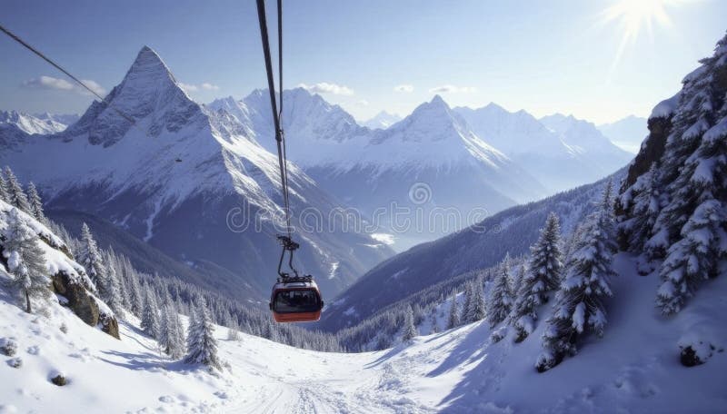 Ropeway Transport through Snowy Mountain Peaks, Winter, Snow Stock ...