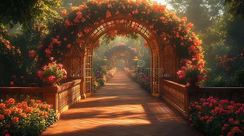Rose Archway Garden Path Sunrise Wedding Stock Illustration ...