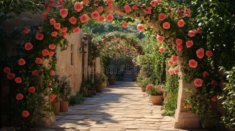 Rose Archway Pathway Garden Scene a Charming Walkway Stock Illustration ...