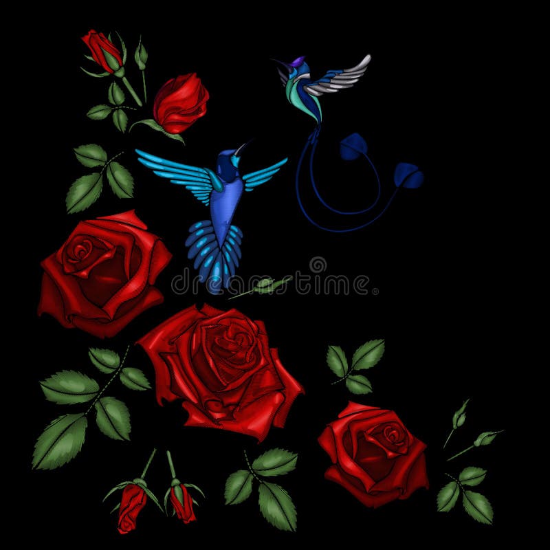 Rose and bird embroidery stock vector. Illustration of hummingbirds ...