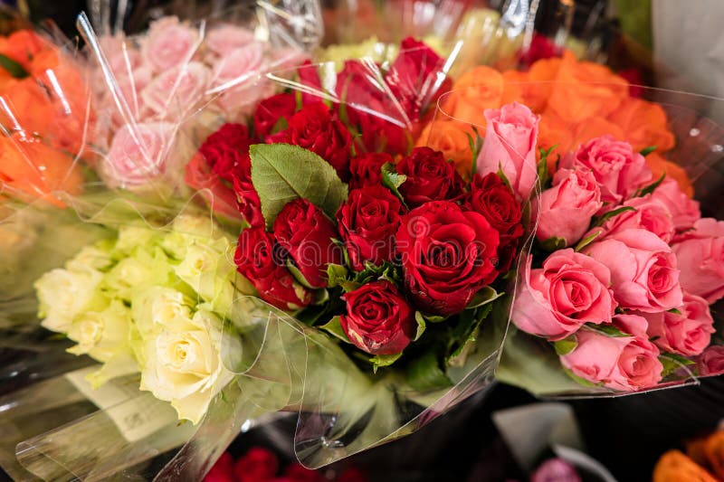 Rose Bouquets for Sale in a Store.. Stock Photo - Image of white ...