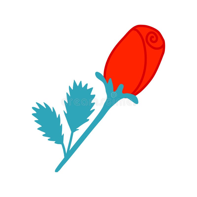 Rose Bud on Stem with Leaves, Doodle Style Flat Vector Stock Vector ...